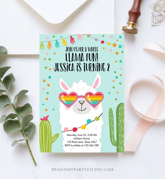 Editable Whole Llama Fun Birthday Invitation Llama Fiesta Cactus ...