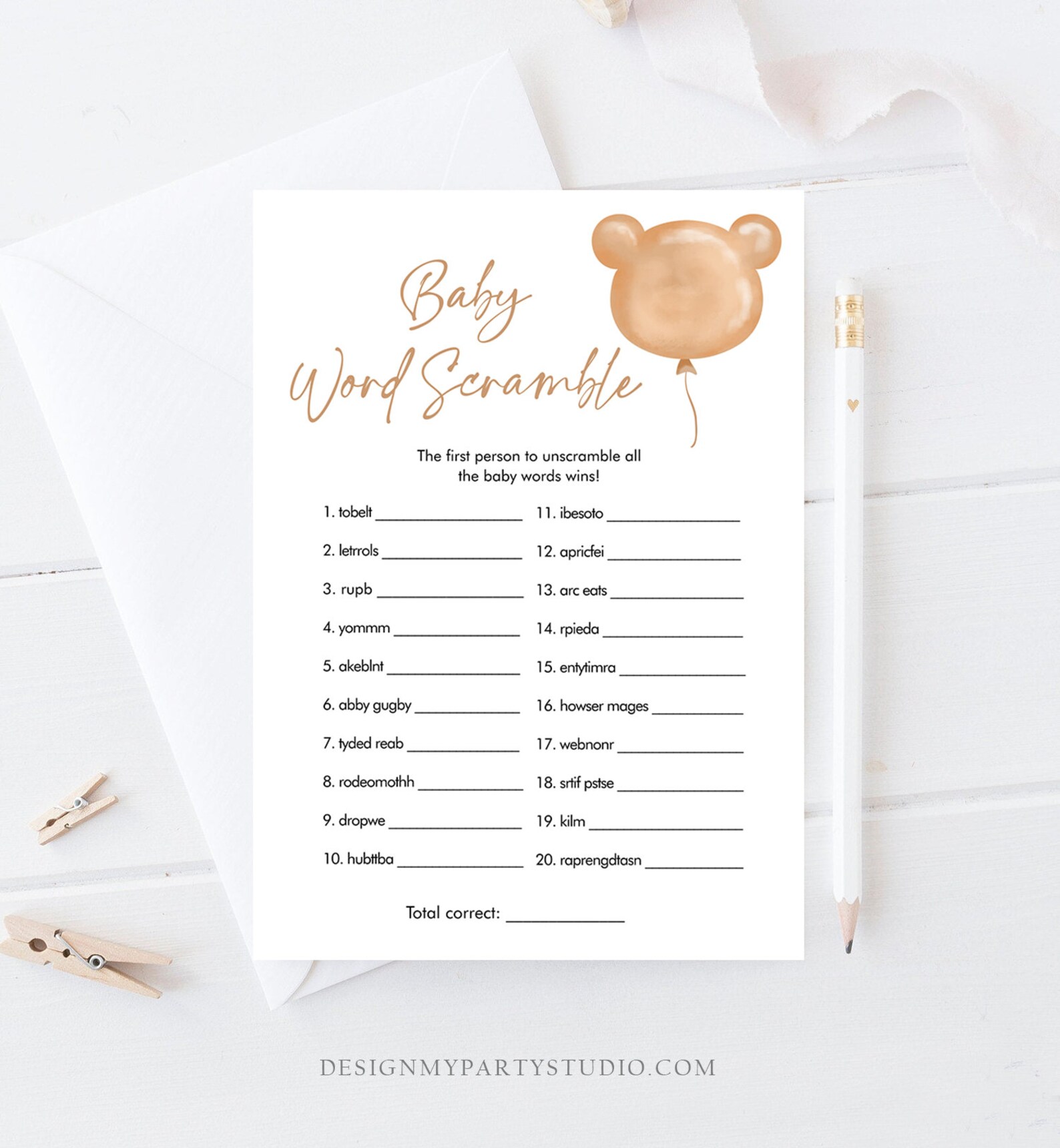 Editable Word Scramble Baby Shower Game Modern Bear Cute Teddy Bear ...