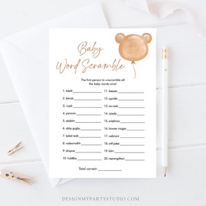 Editable Word Scramble Baby Shower Game Modern Bear Cute Teddy Bear ...