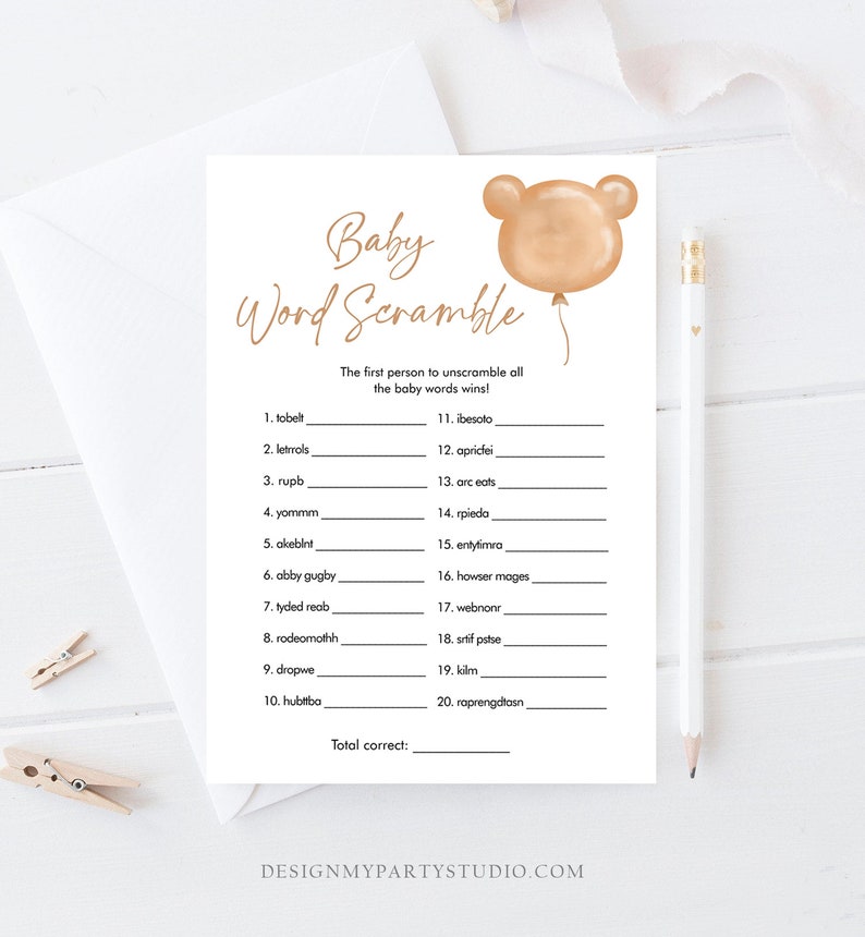 Editable Word Scramble Baby Shower Game Modern Bear Cute Teddy Bear ...