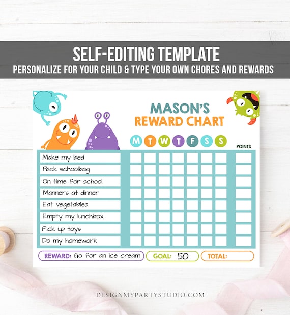 Editable Monster Reward Chart for Boys Printable Chore Chart for Kids ...