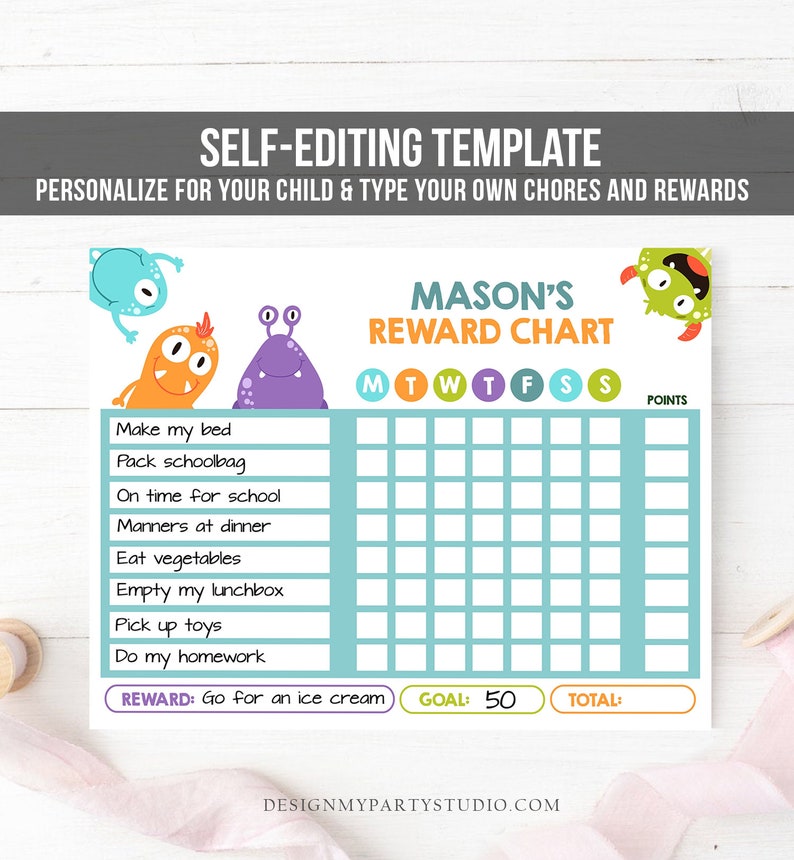 Editable Monster Reward Chart for Boys Printable Chore Chart - Etsy