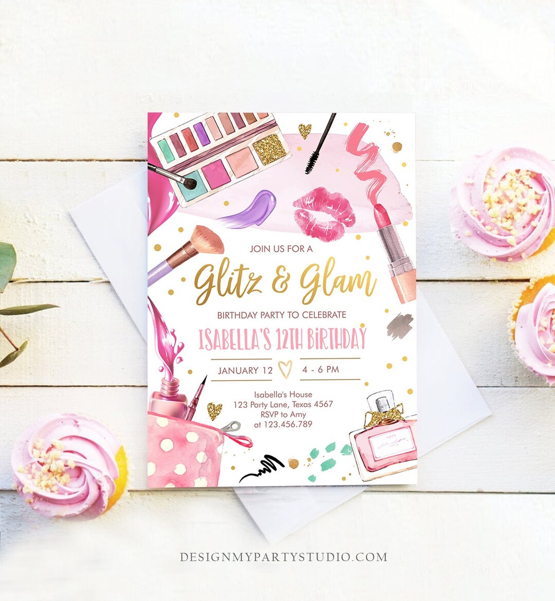 Editable Glitz and Glam Birthday Party Invitation Spa Party Makeup ...
