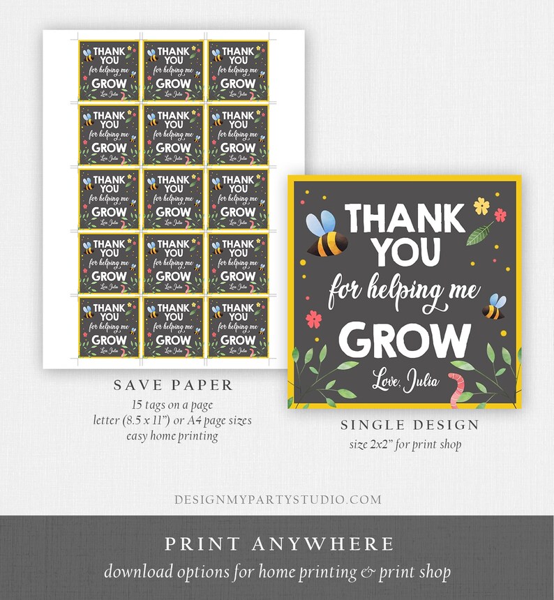 Editable Teacher Appreciation Tags Thank You for Helping Me Grow ...