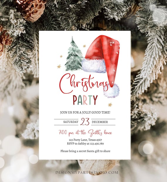 Editable Christmas Party Invitation Holiday Santa Hat Christmas ...