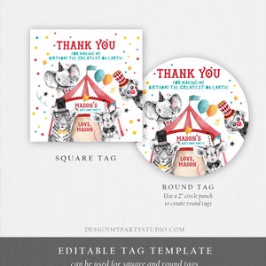 Editable Circus Thank You Tags Carnival Birthday Favor Tags Boy Vintage ...