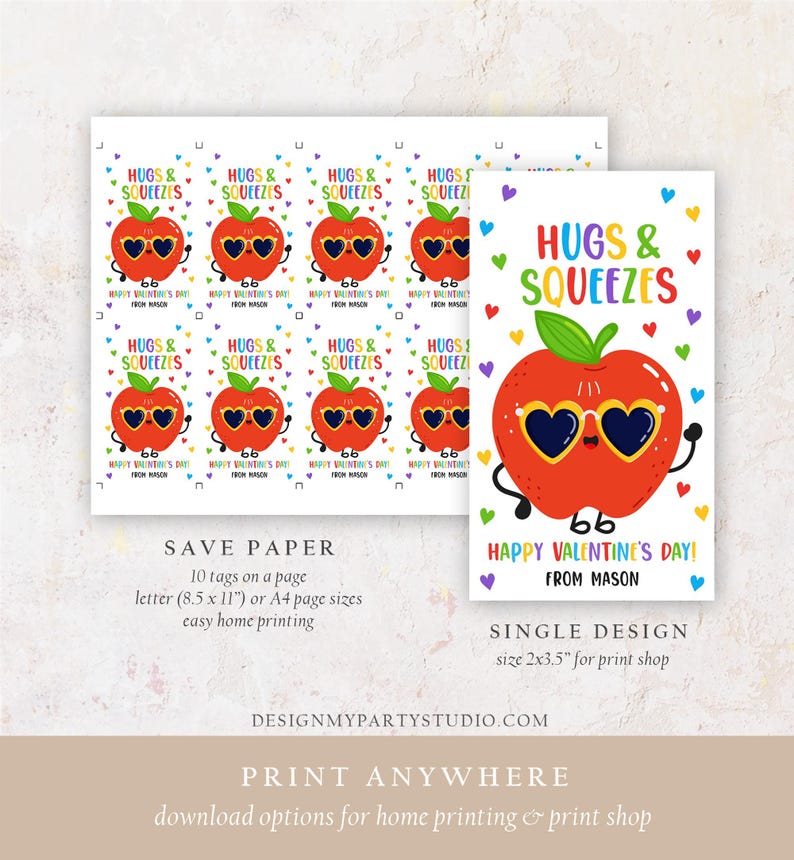Editable Hugs and Squeezes Valentines Day Gift Tag Applesauce Fruit ...