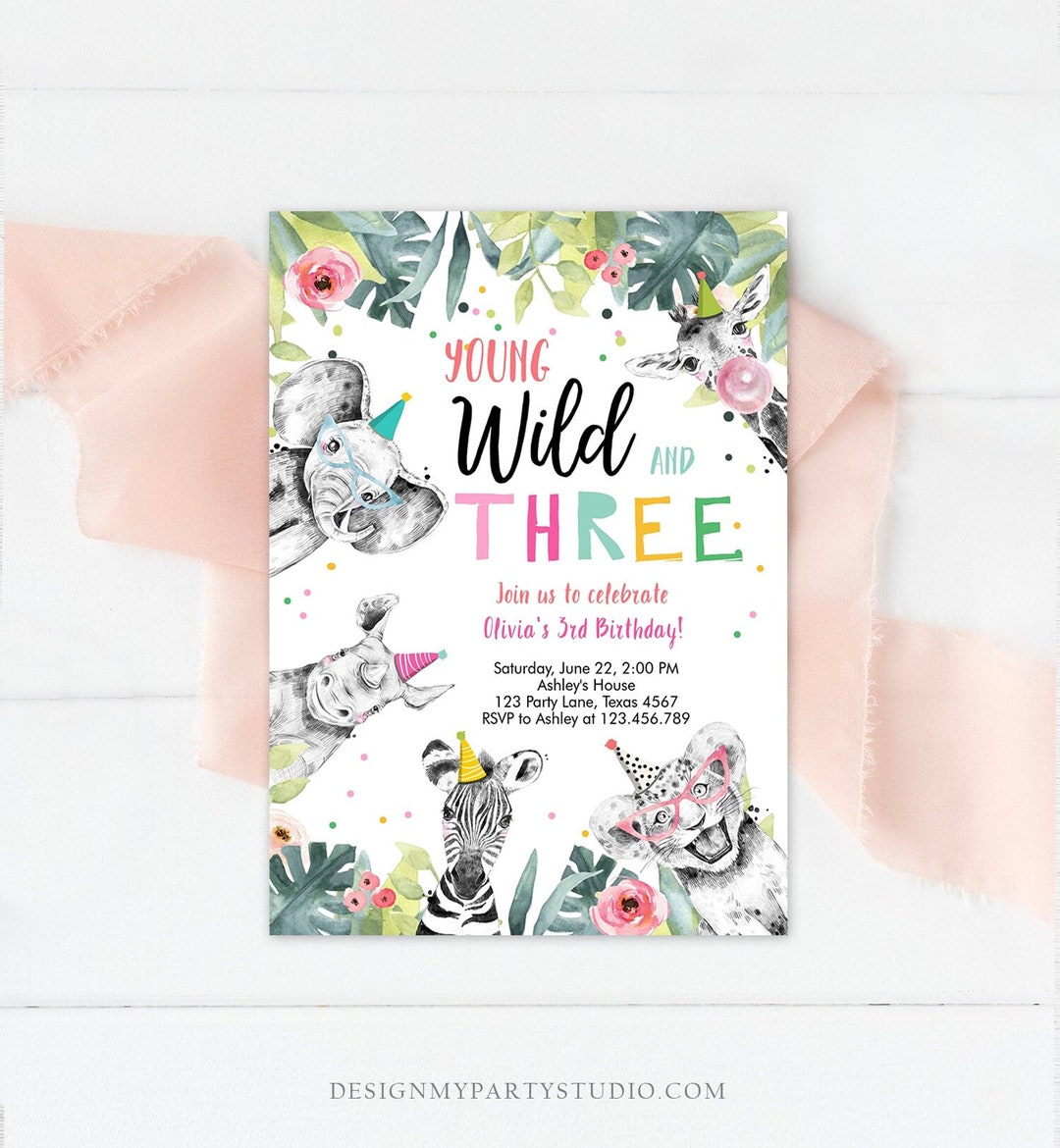Editable Young Wild and Three Invitation Girl Pink and Gold Safari ...