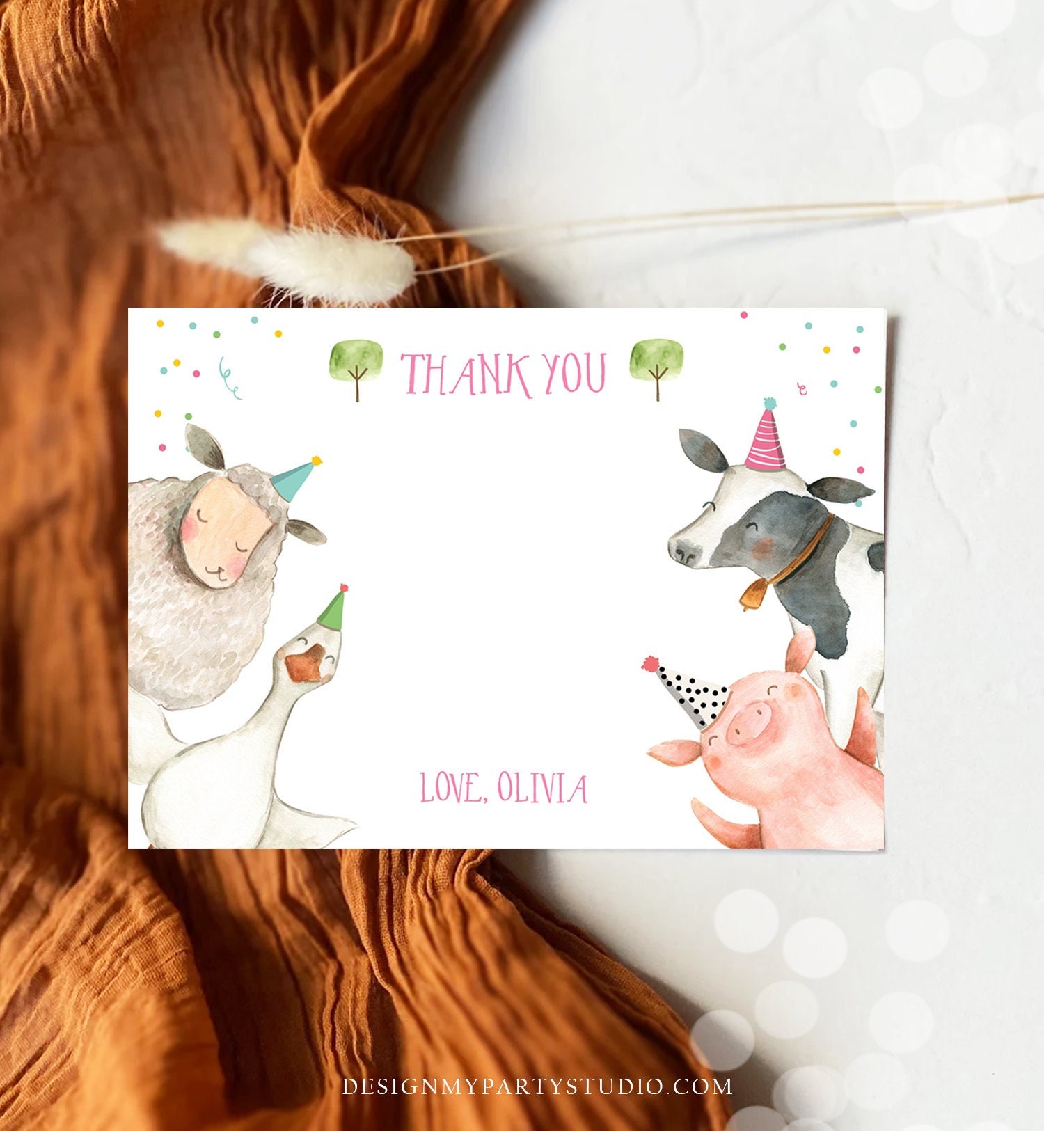 Editable Farm Animals Thank You Card Pink Gingham Farm - Etsy