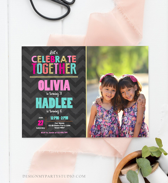 Editable Sisters Birthday Invitation Twins Birthday Party Siblings ...