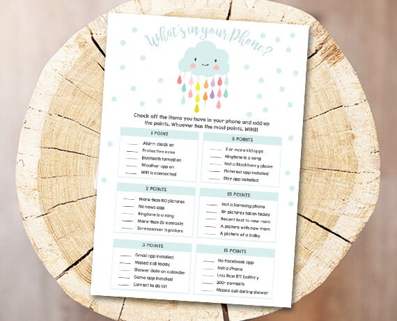 Cloud Baby Shower What's in Your Phone Game Cards Raindrops Rain Drops ...