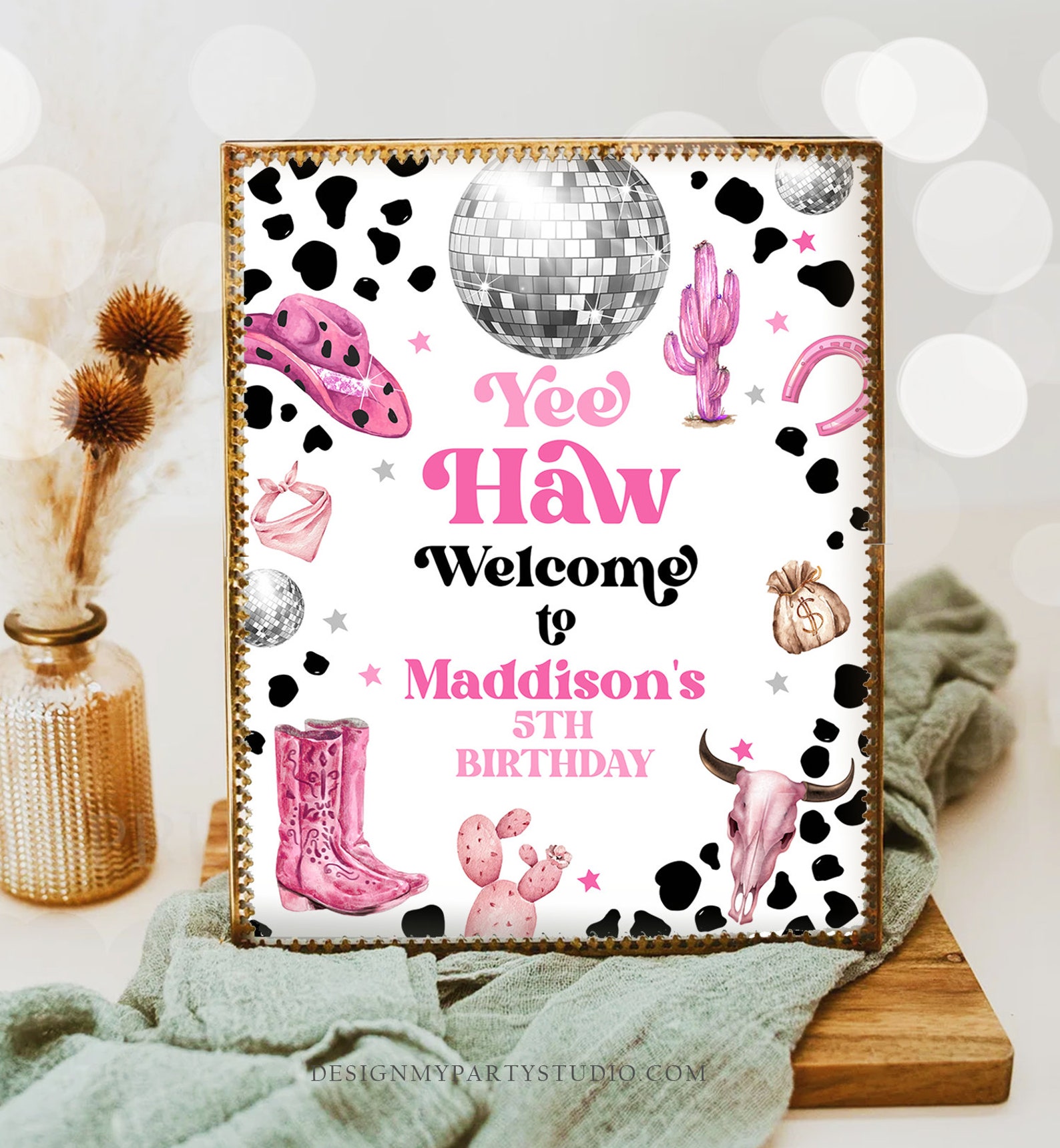 Editable Space Cowgirl Welcome Sign Disco Cowgirl Birthday Door Sign ...