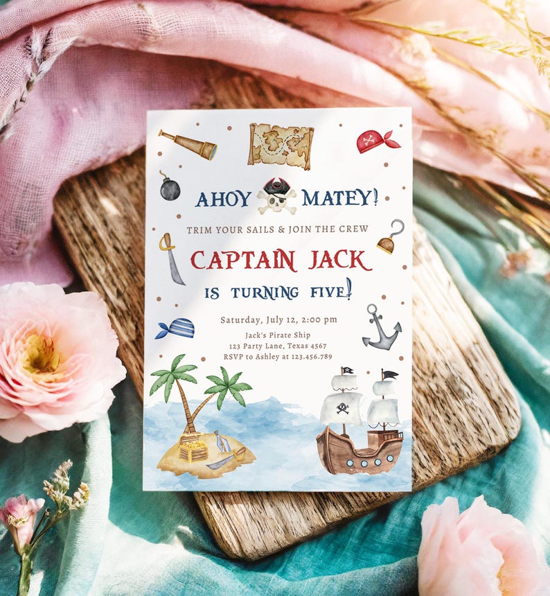 Editable Ahoy Matey Pirate Birthday Invitation Pirates Party Nautical ...