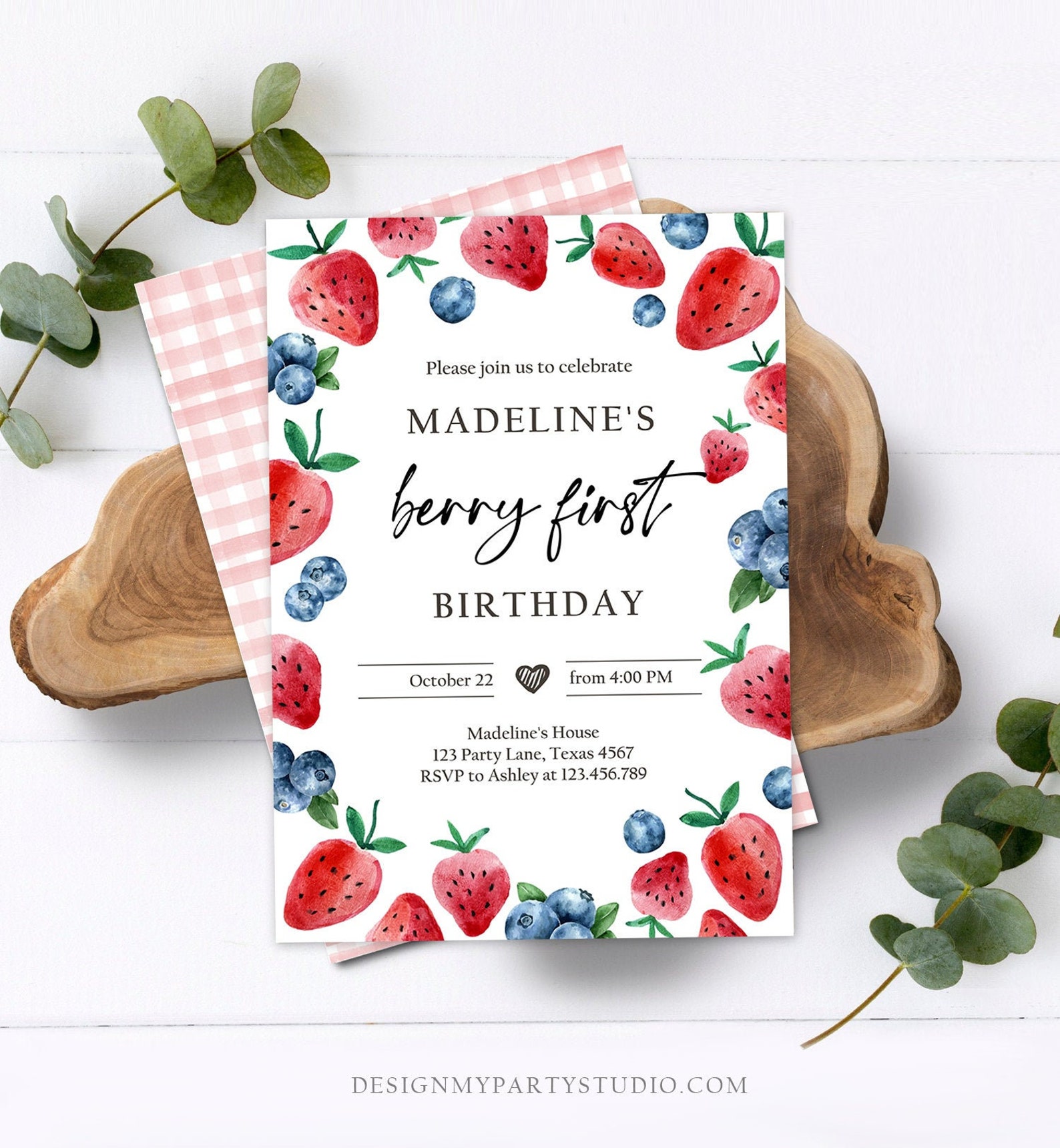 Editable Berry Sweet Birthday Invitation Blueberry Strawberry - Etsy