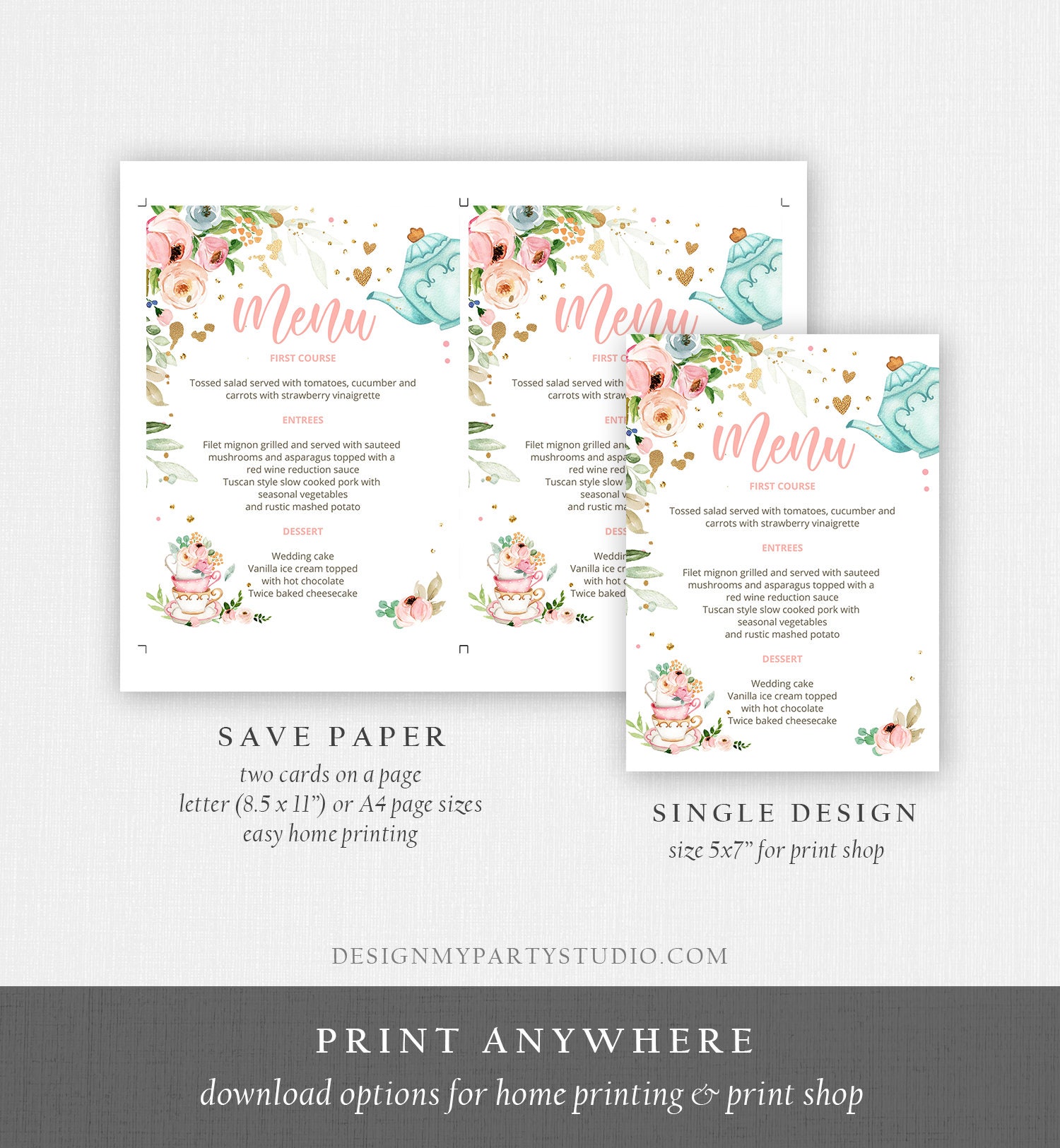 Editable Floral Tea Menu Card Tea Birthday Pink Gold Confetti - Etsy