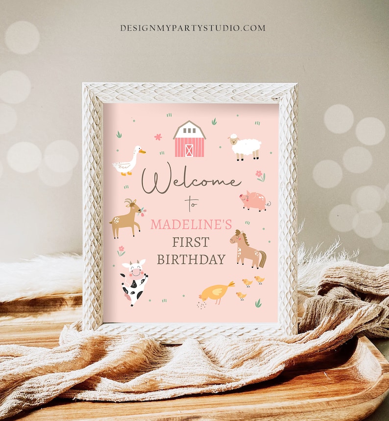 Editable Pink Farm Birthday Welcome Sign Barnyard Birthday - Etsy