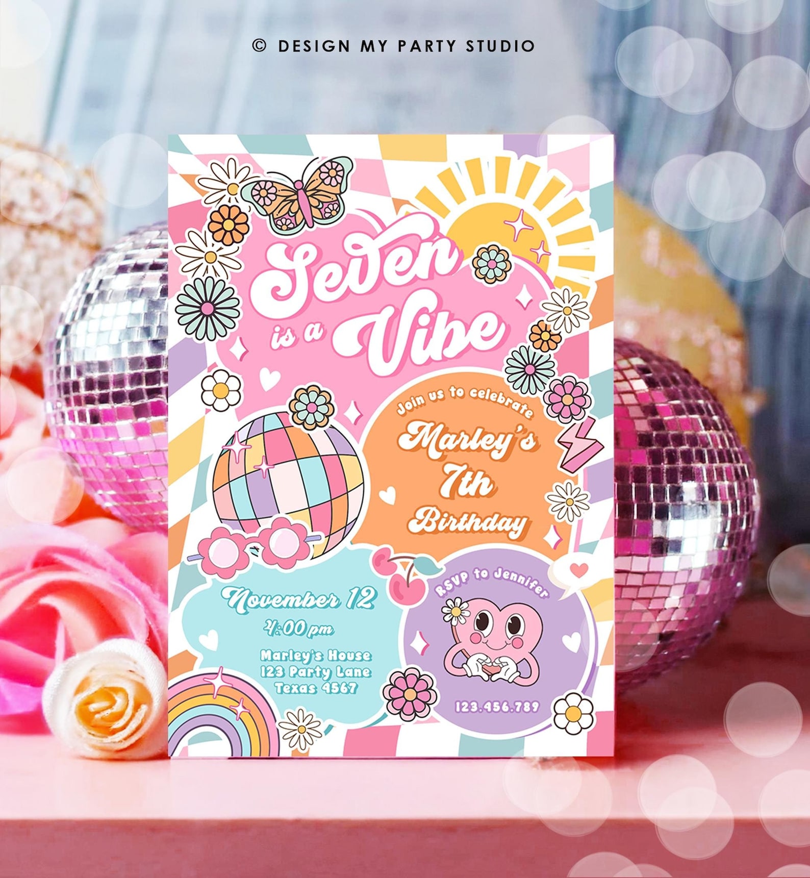 Editable Seven is a Vibe Groovy 7th Birthday Party Invitation Groovy ...