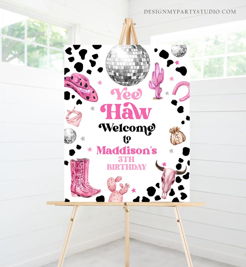 Editable Space Cowgirl Welcome Sign Disco Cowgirl Birthday Door Sign ...