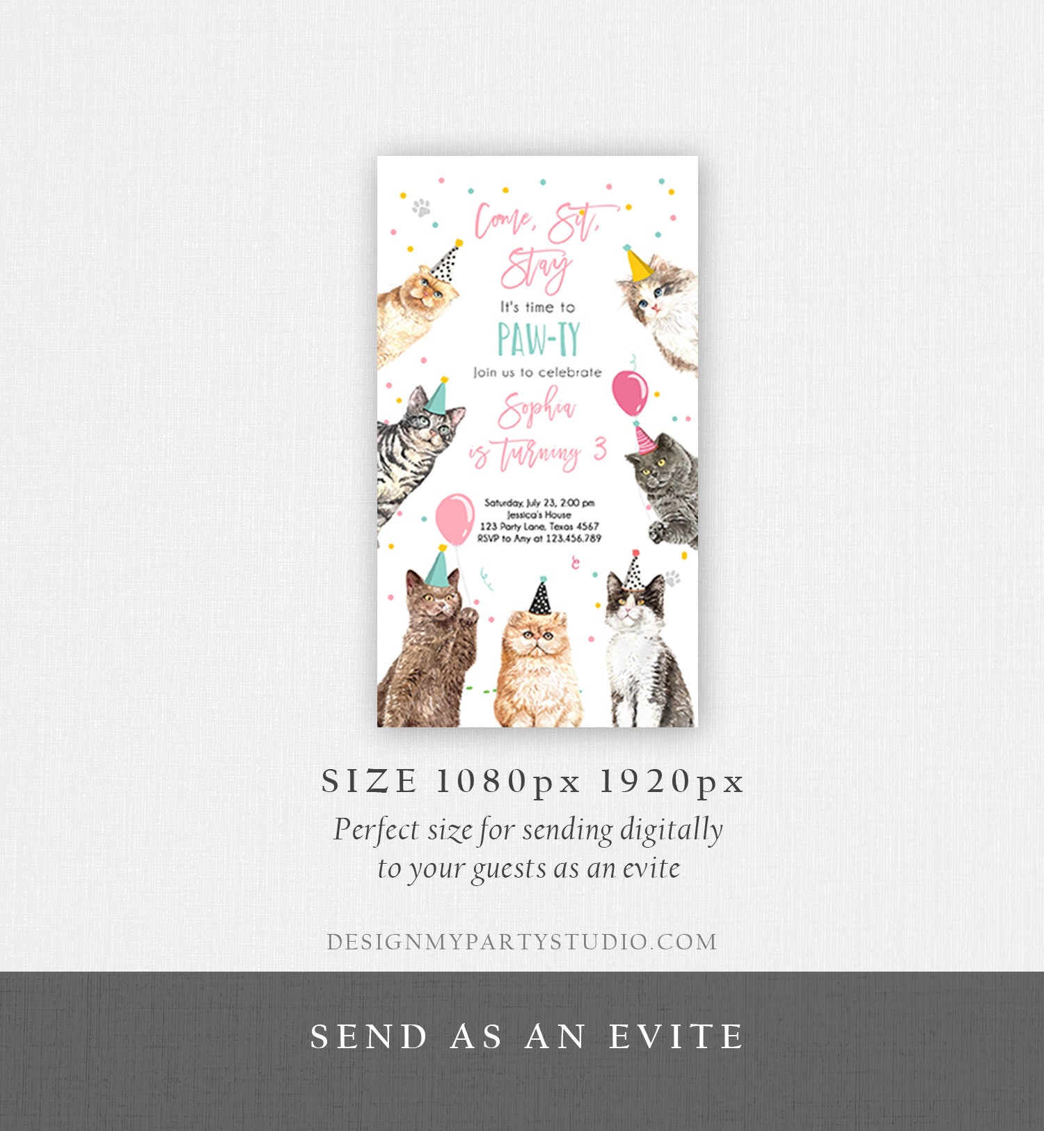 Editable Cat Birthday Party Evite Kitten Birthday Invitation - Etsy