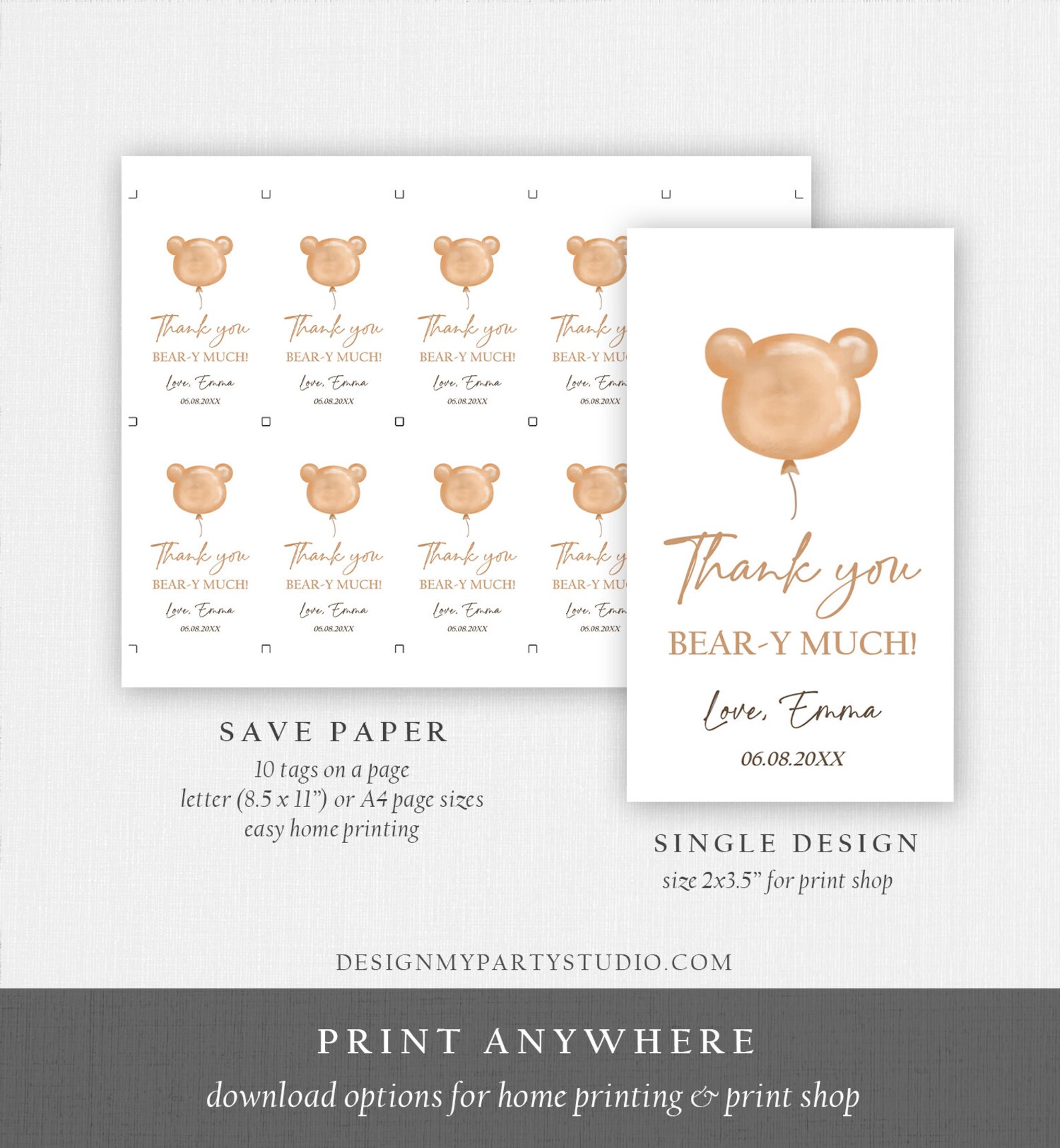 Editable Boho Teddy Bear Favor Tags Thank You Beary Much Tag Bearly ...