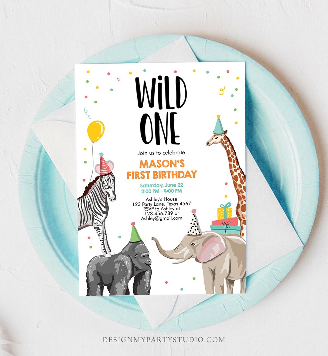 Editable Party Animals Birthday Invitation Wild One Animals Invitation ...