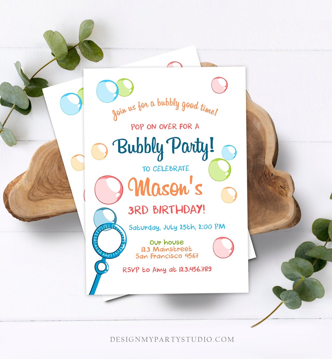 Editable Bubble Birthday Invitation Bubbles Birthday Party Invite Pop ...
