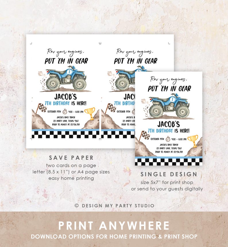 Editable Quad Birthday Invitation ATV Rev Your Engines Race on Over Off ...