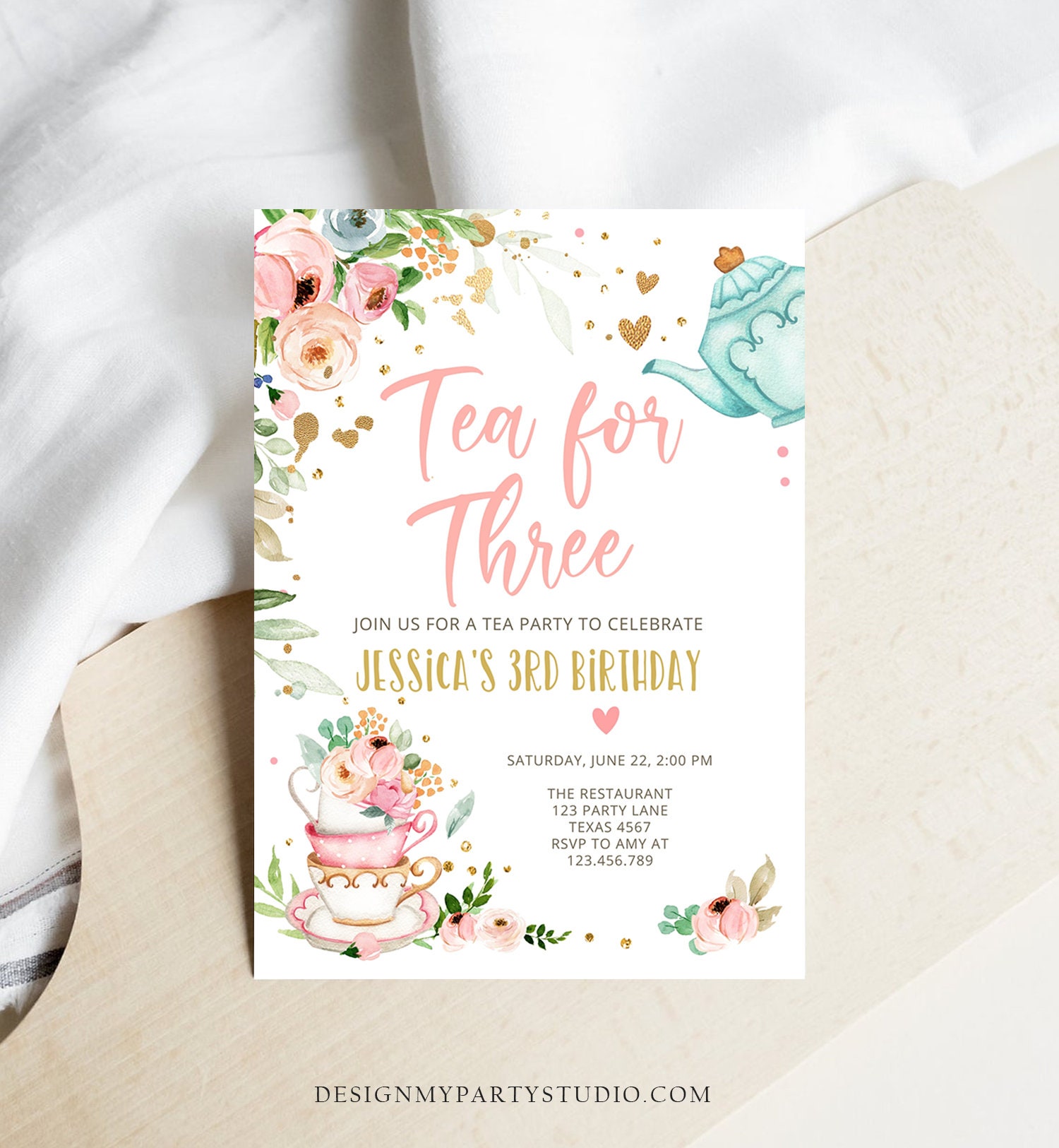 Editable Tea for Three Birthday Invitation Girl Tea Party - Etsy