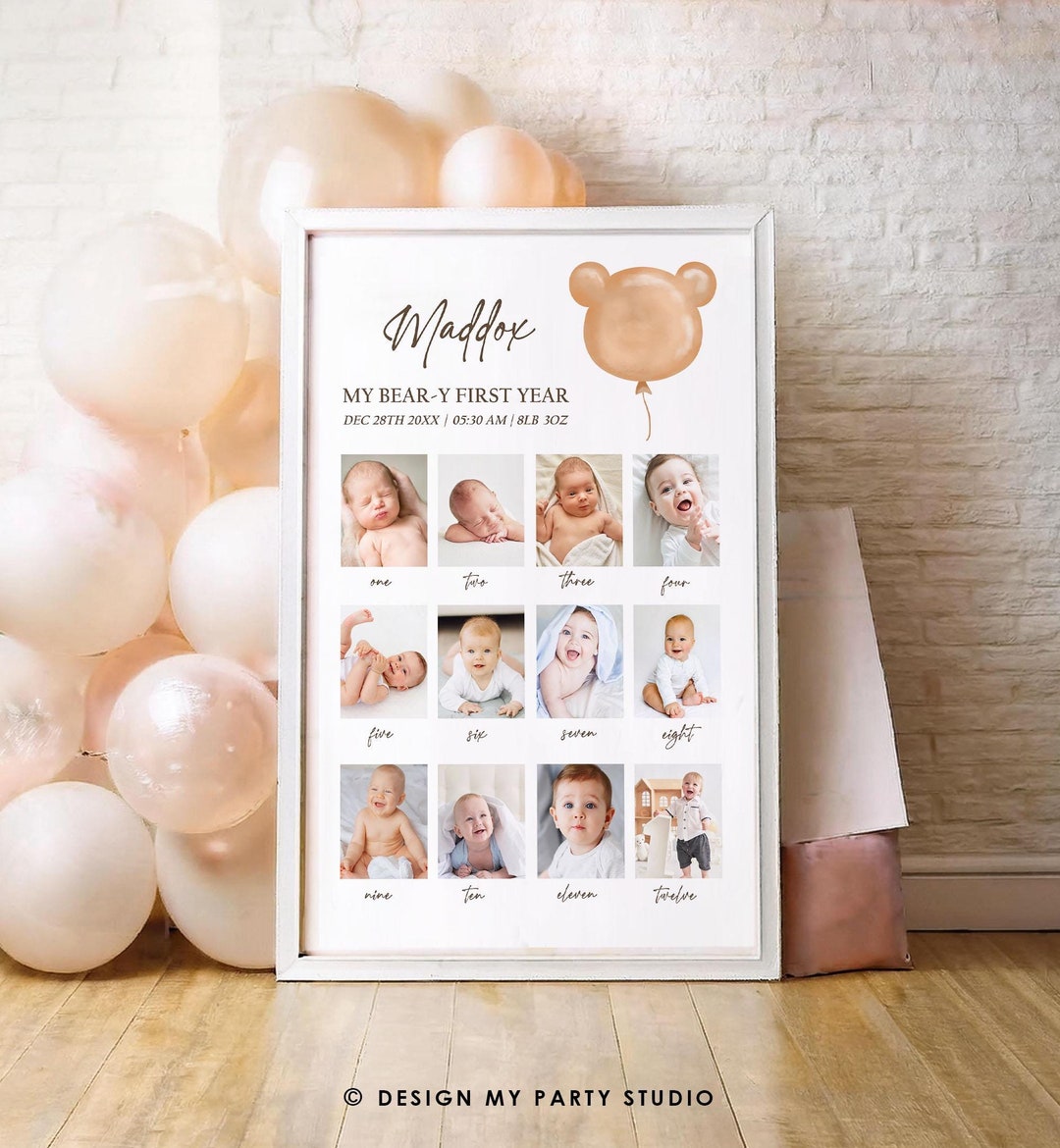 Editable Bear First Birthday Photo Board Banner Monthly Photo Sign ...