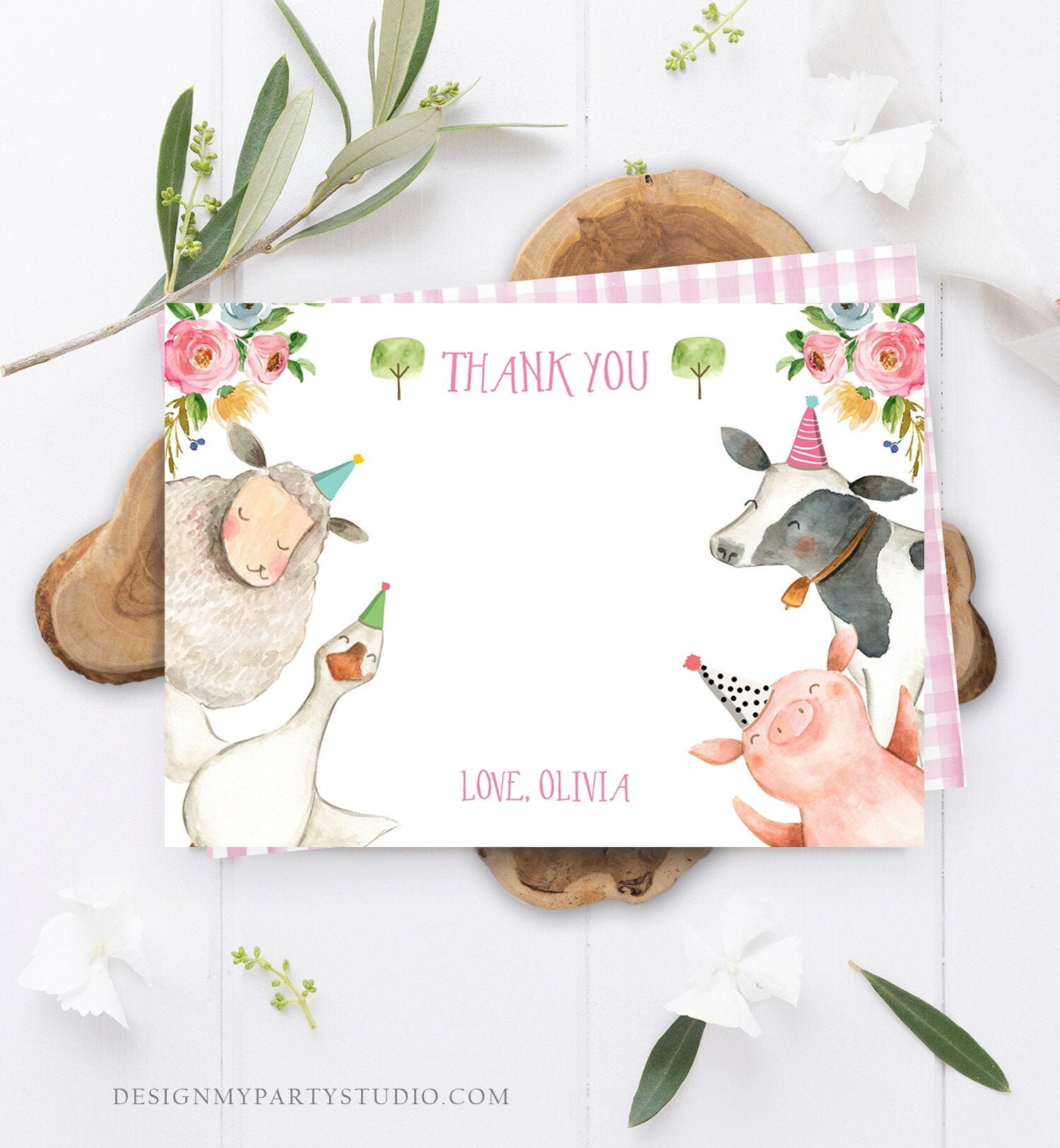 Editable Farm Animals Thank You Card Pink Gingham Farm - Etsy Hong Kong