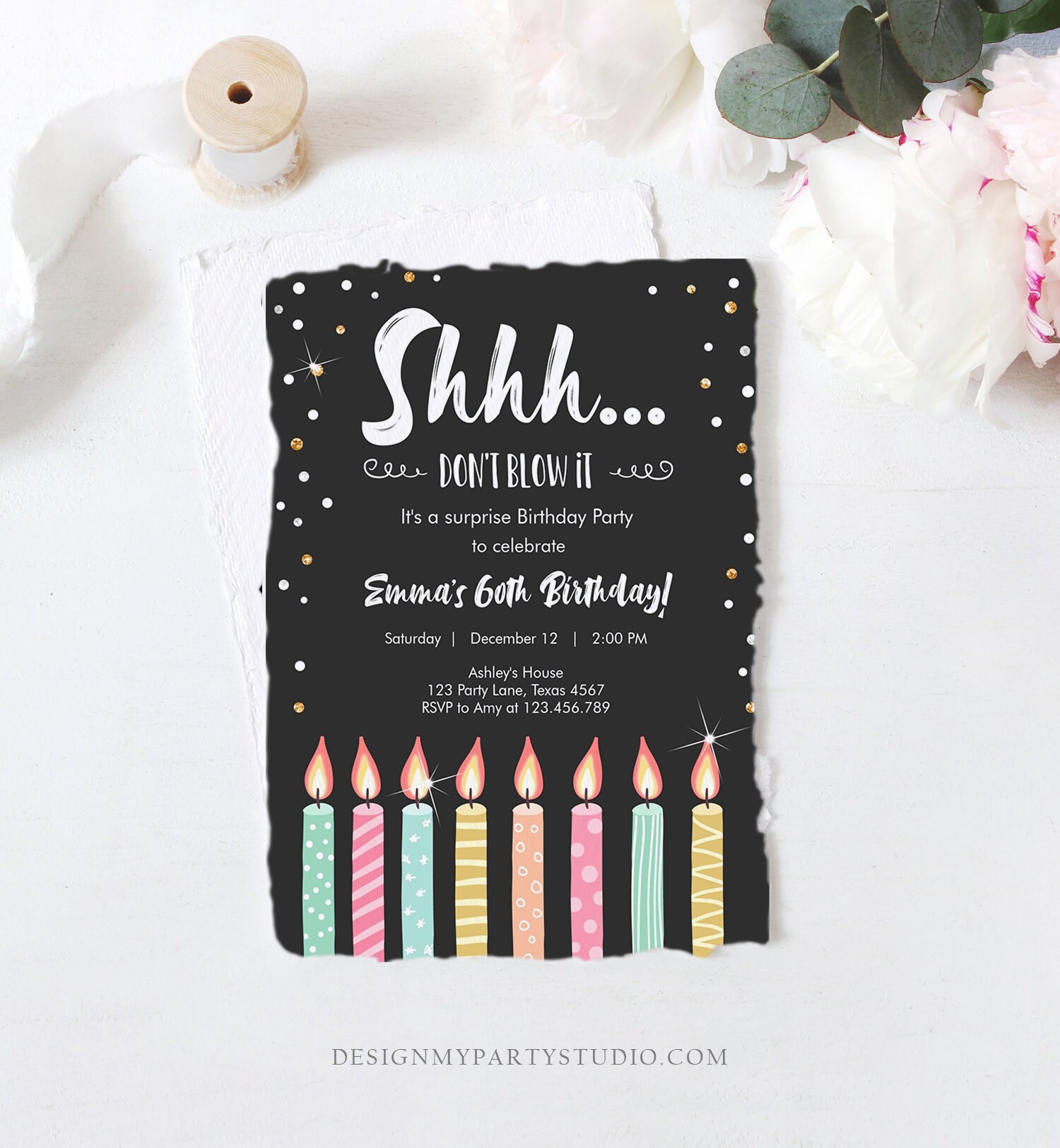 Editable Candles Surprise Birthday Invitation Shhh It's A | Etsy