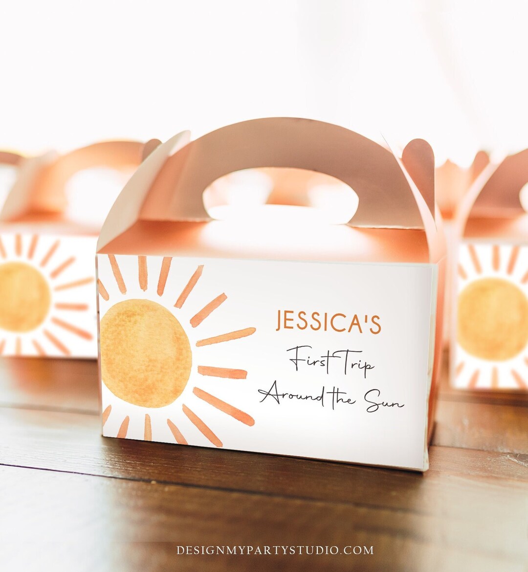 Editable Sun Birthday Party Gable Box Favor Label Boho Sun Gift Box ...