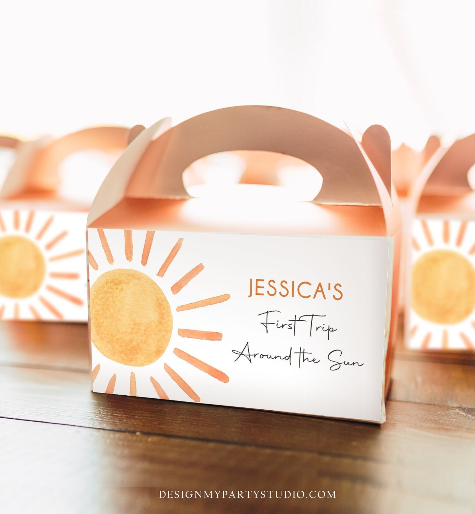 Editable Sun Birthday Party Gable Box Favor Label Boho Sun Gift Box ...