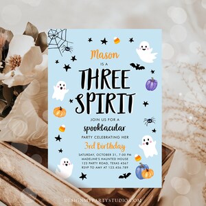 Editable Halloween Birthday Invitation Boy Blue Ghost Three Spirit 3rd ...