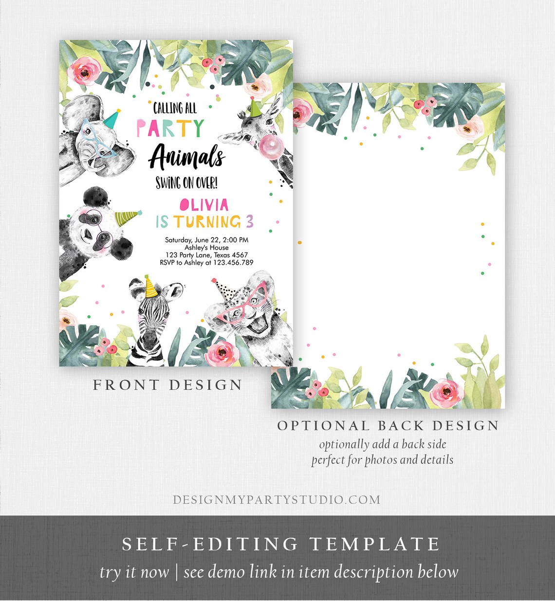 Editable Party Animals Birthday Invitation Animals Invitation Zoo ...