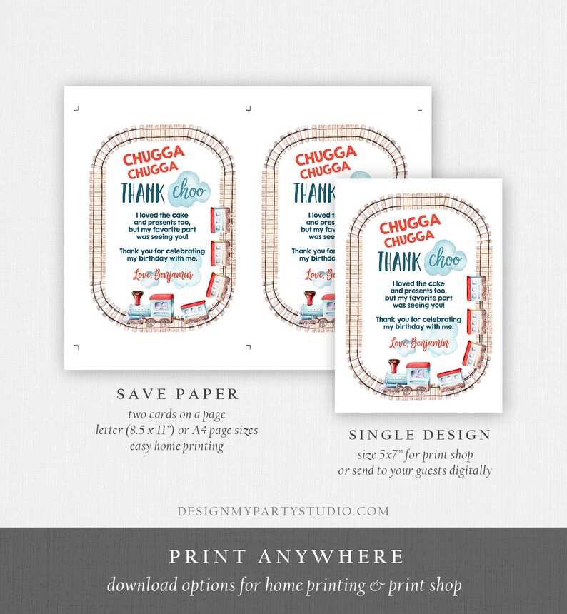 Editable Train Thank You Card Railroad Birthday Boy Railroad | Etsy