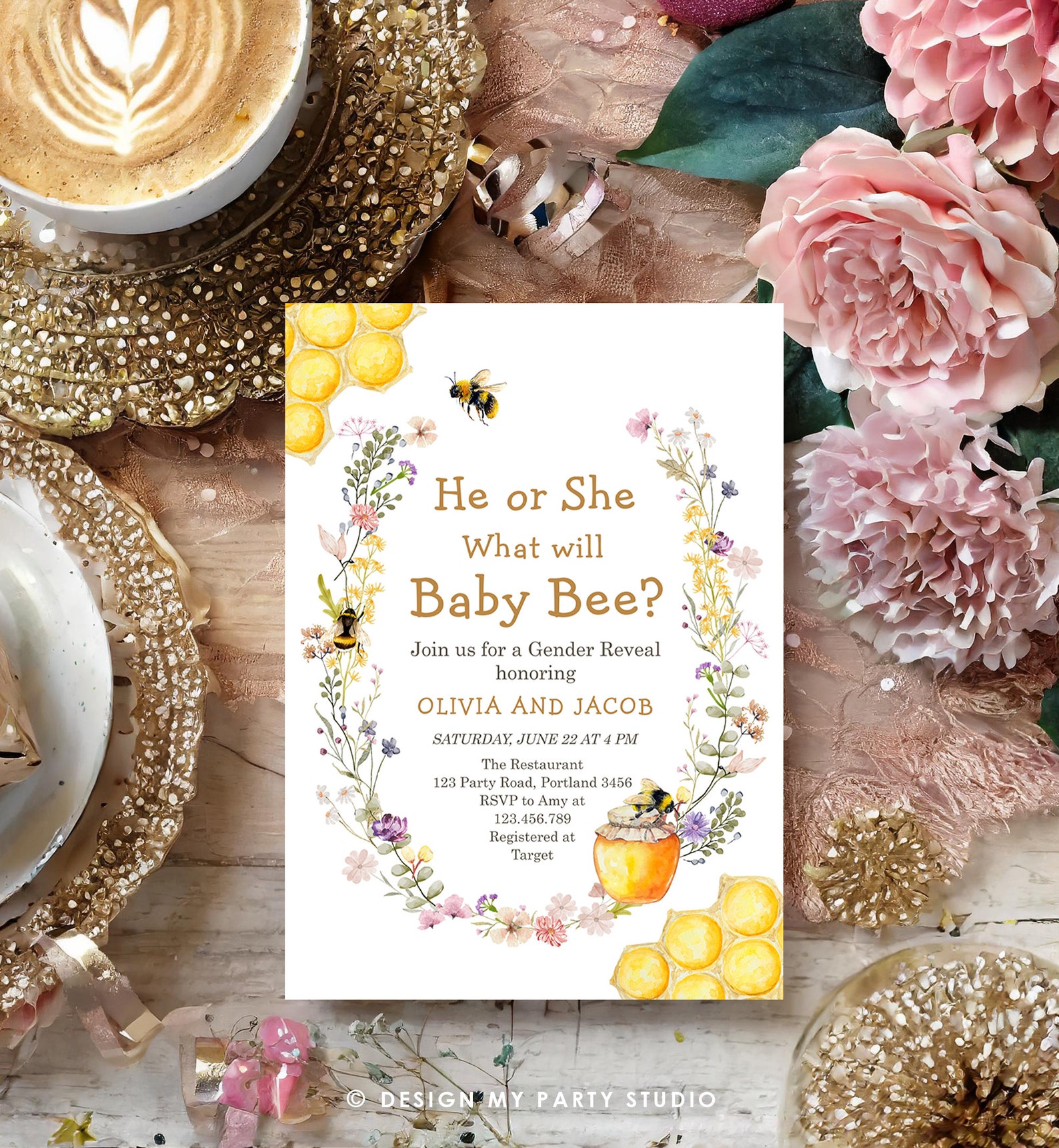 Editable Bee Gender Reveal Invitation What Will Baby Bee Invitation ...