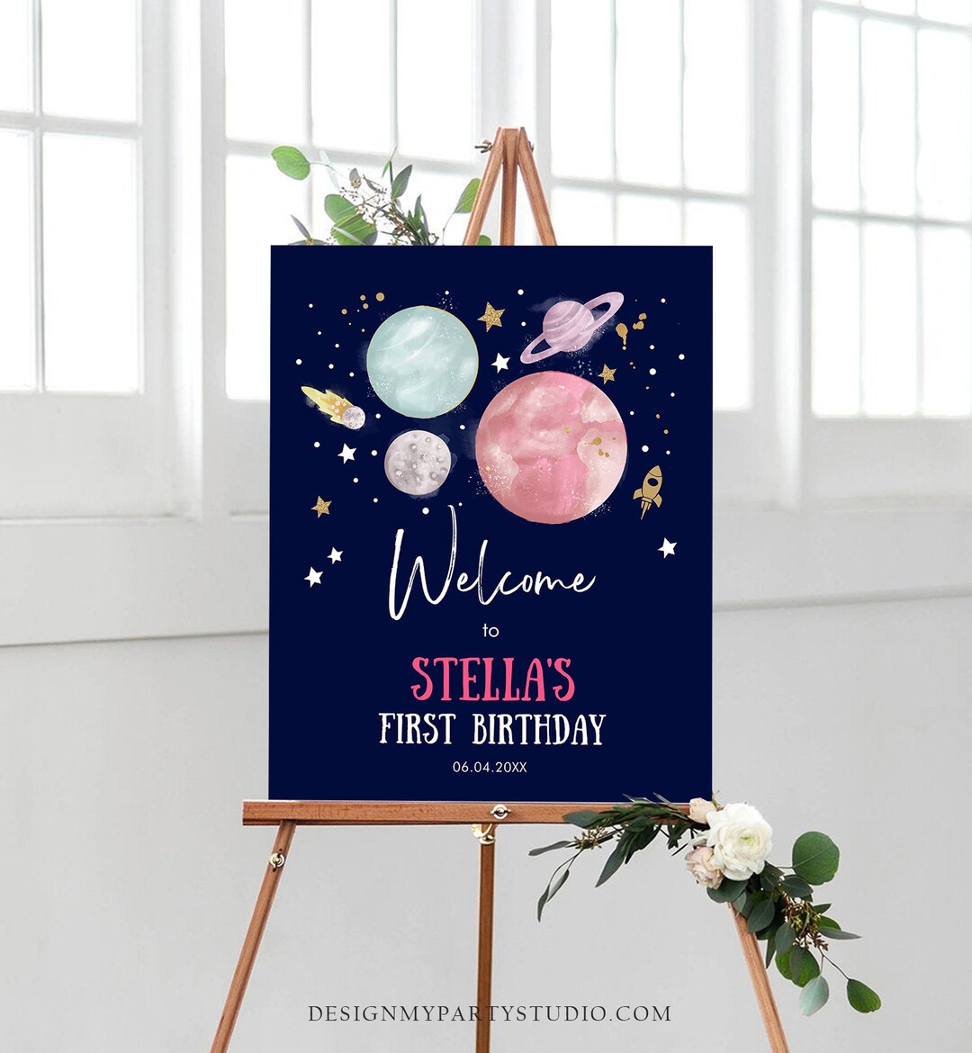 Editable Outer Space Birthday Welcome Sign 1st Birthday Girl Pink ...