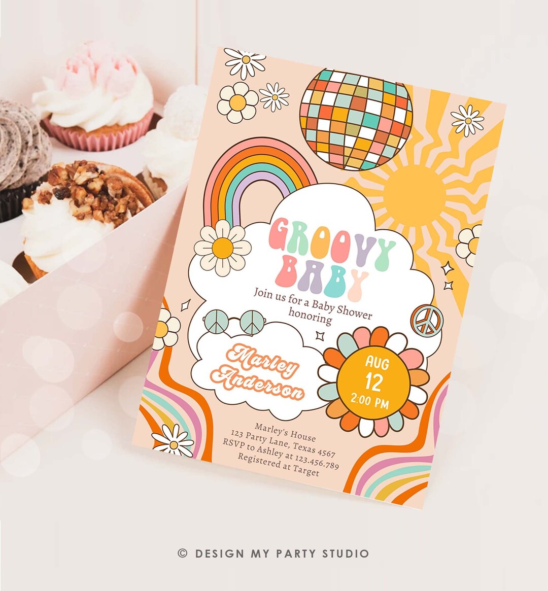 Editable Groovy Baby Retro Baby Shower Invitation Boho Flower Power ...