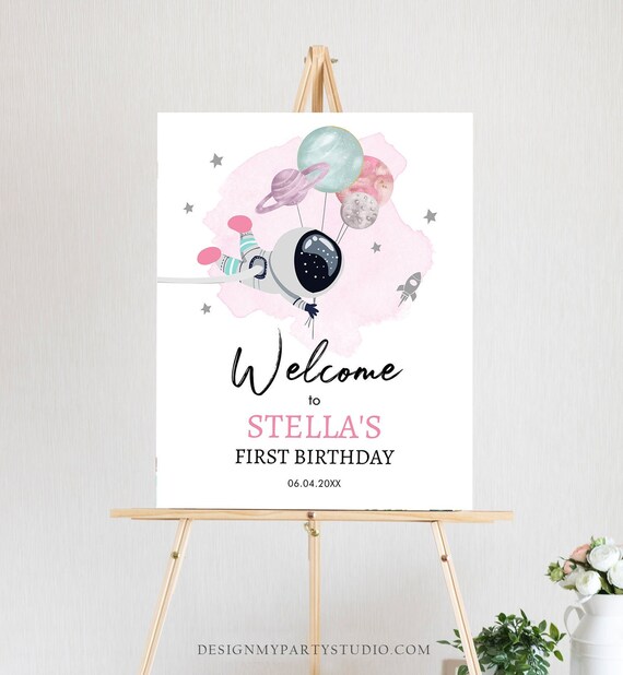 Editable Outer Space Birthday Welcome Sign 1st Birthday Girl Pink ...