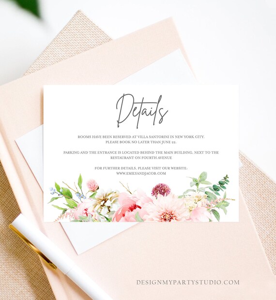 Editable Botanical Flowers Details Card Wedding Insert Card Greenery ...