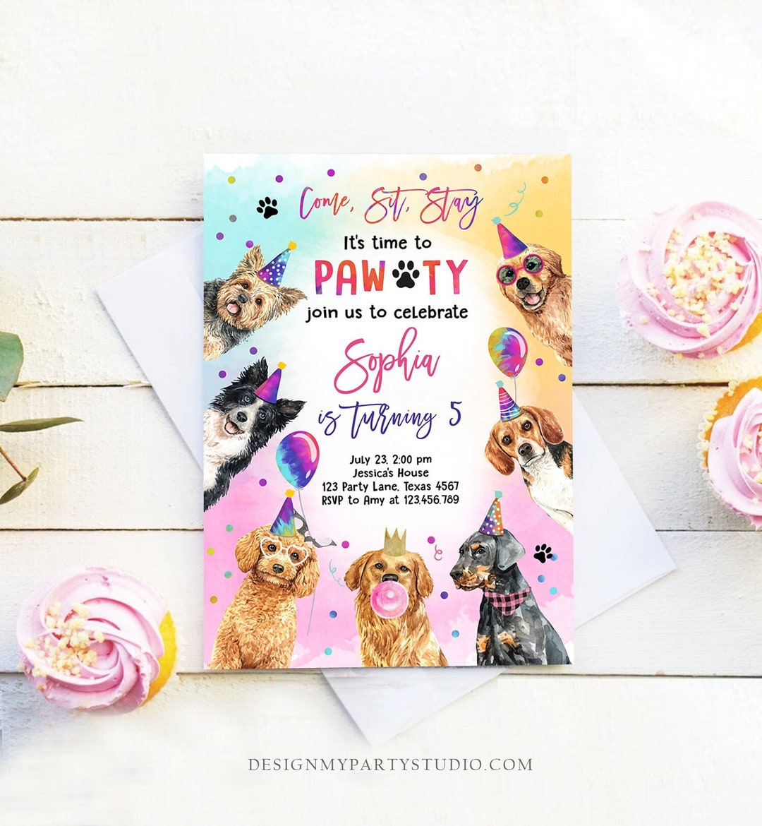 Editable Dog Birthday Party Invitation Puppy Birthday Invite Pink Girl ...