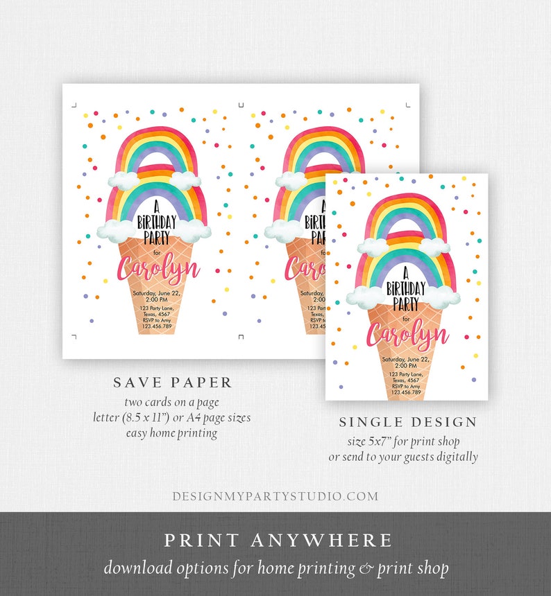 Editable Rainbow Ice Cream Birthday Invitation First Birthday - Etsy