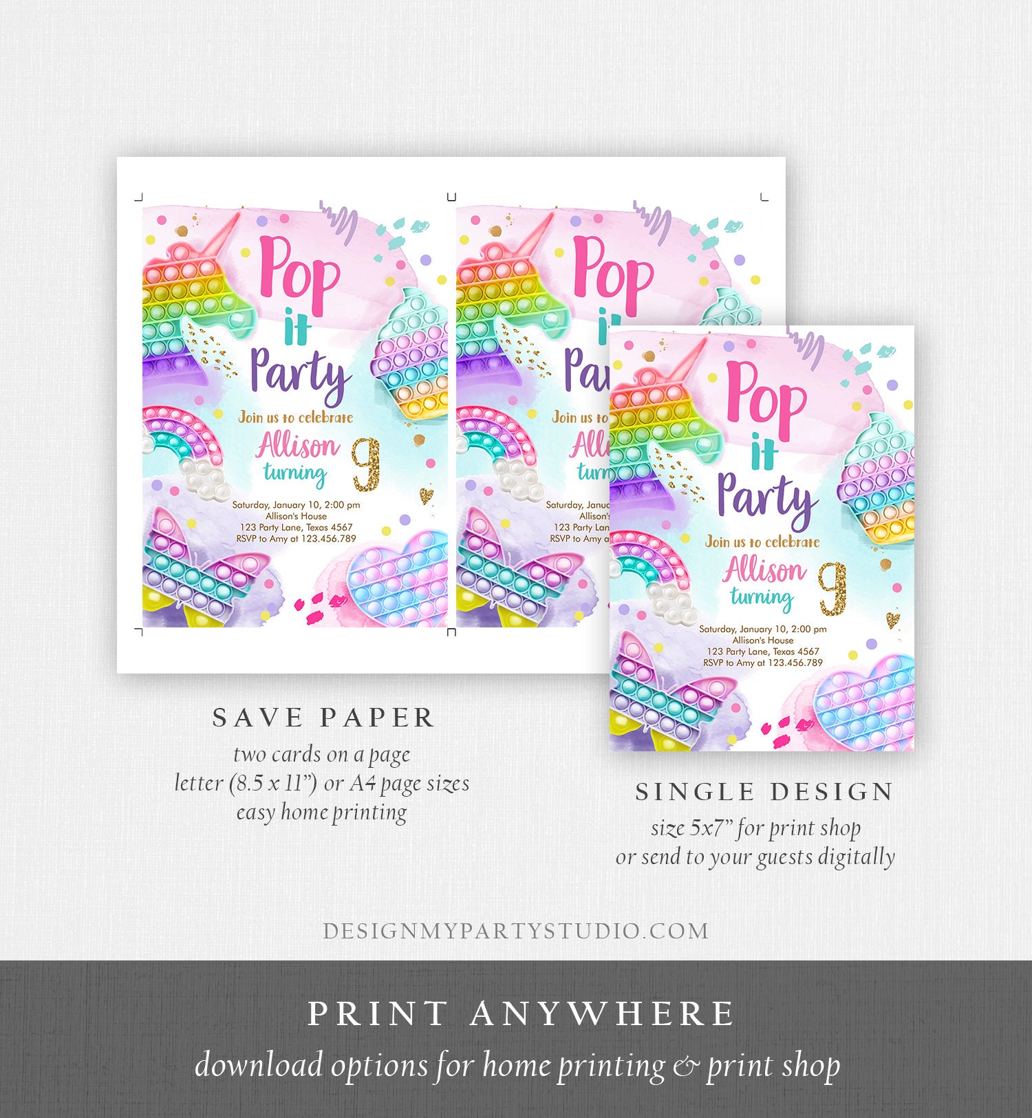 Editable Pop It Birthday Party Invitation Fidget Toy Girl Kids | Etsy