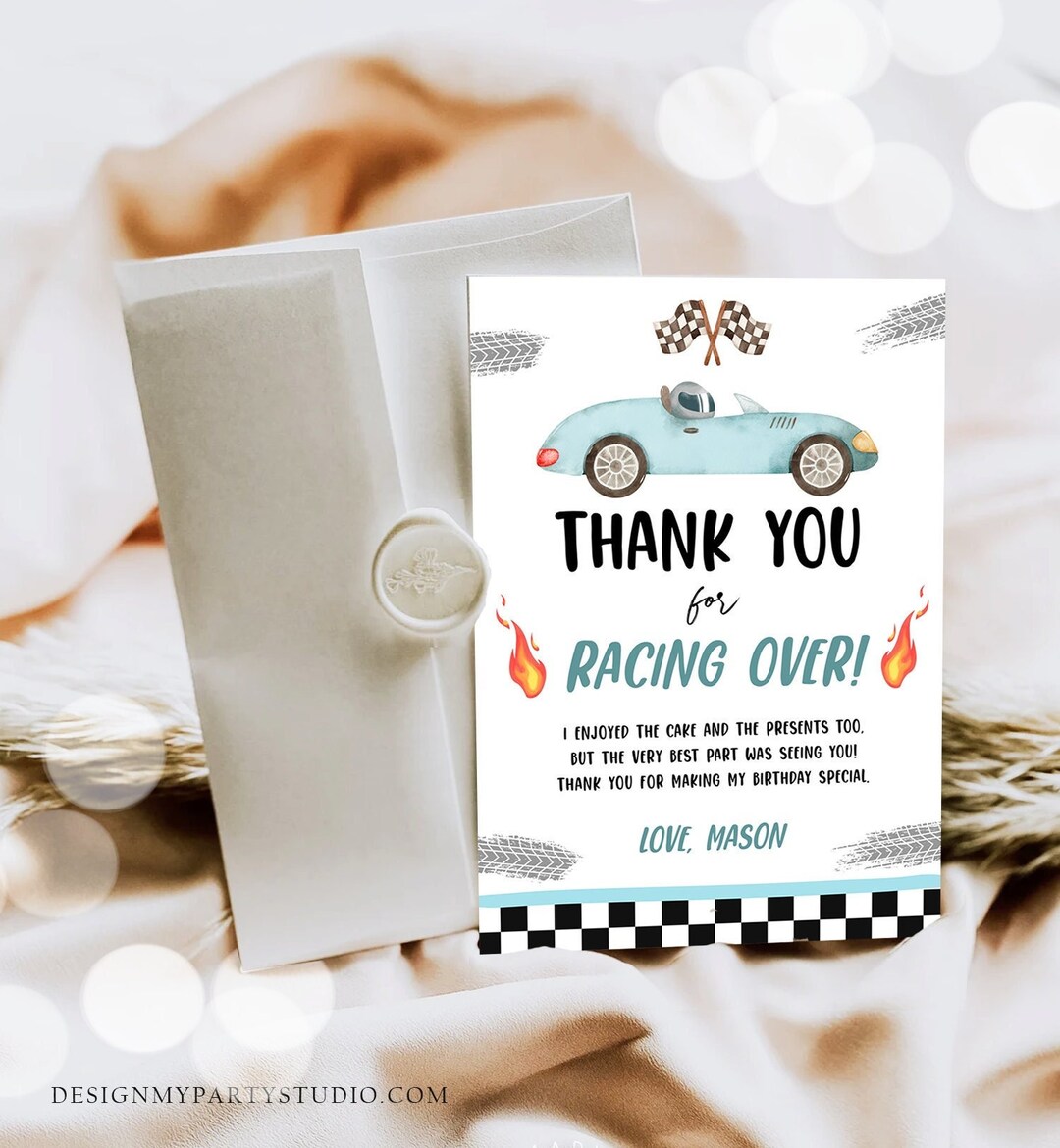 Editable Race Car Thank You Card Two Fast Birthday Boy Blue Racing Car ...
