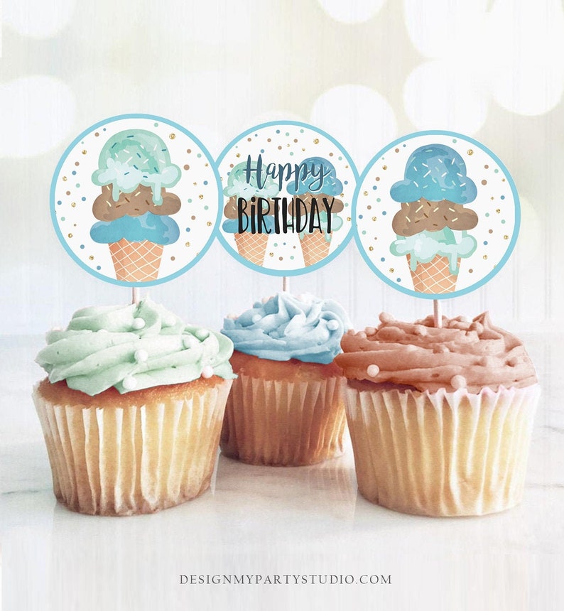 Ice Cream Cupcake Toppers Favor Tags Ice Cream Birthday Party Stickers ...