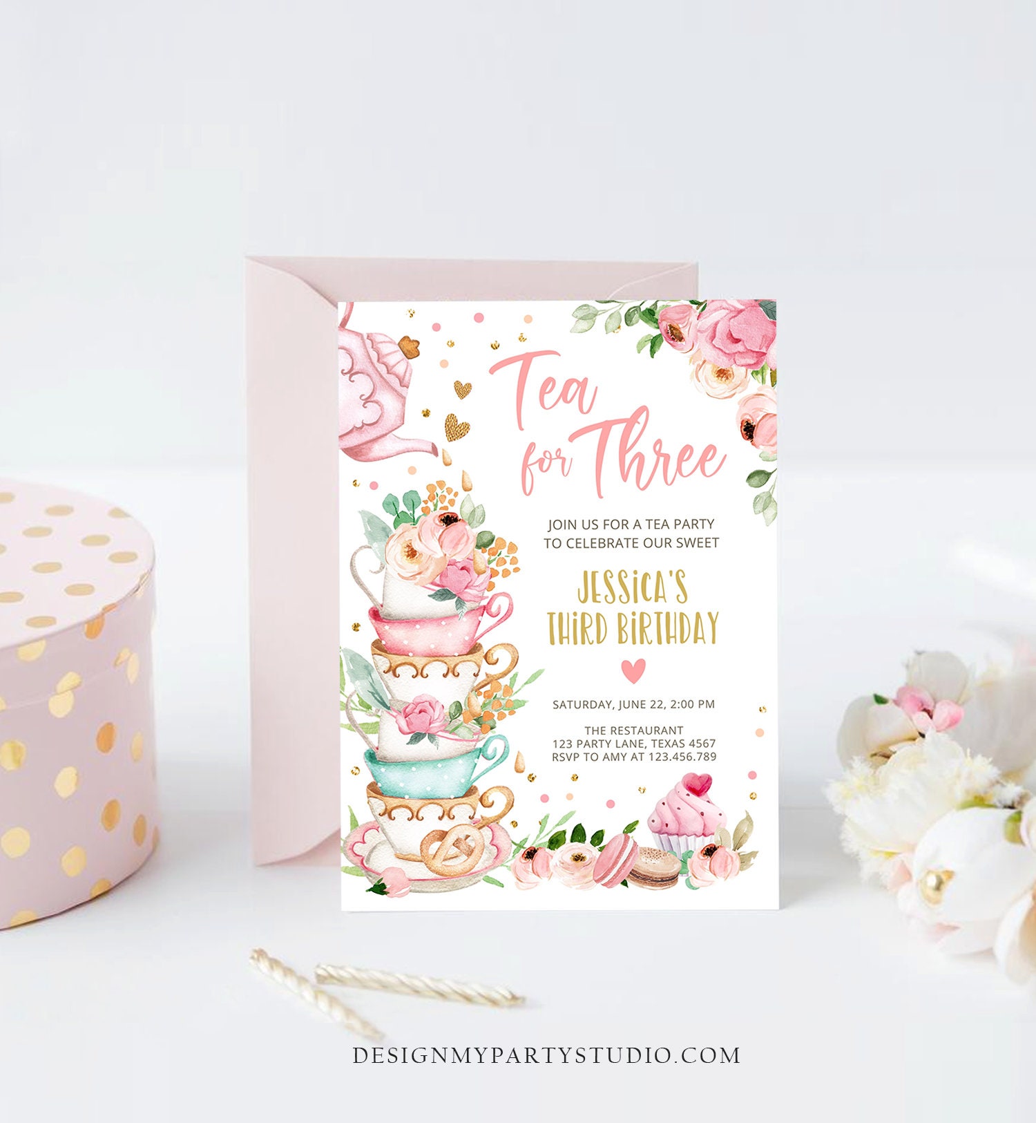 Editable Tea for Three Birthday Invitation Girl Tea Party Invite Pink ...