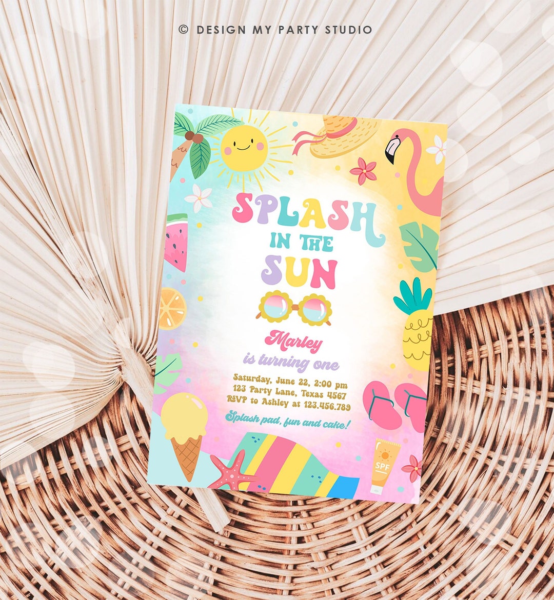 Editable Splash in the Sun 1st Birthday Invitation Pool Party Girl ...