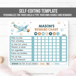 Editable Airplane Reward Chart Boy Girl Blue Vintage Airplane Air Chore ...