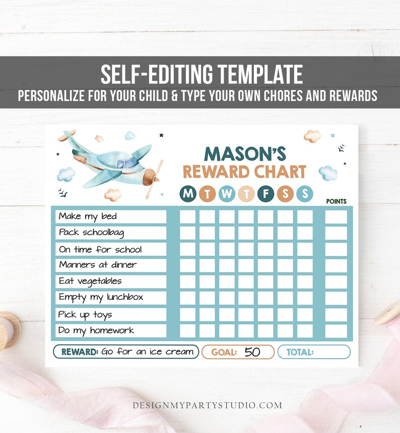 Editable Airplane Reward Chart Boy Girl Blue Vintage Airplane - Etsy